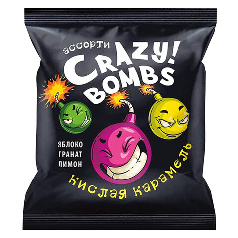 Карамель кислая CRAZY BOMBS с жидкой начинкой лимона, граната, яблока ...
