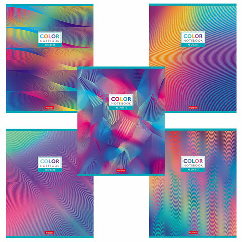 Тетрадь А5 48 л. HATBER скоба, клетка, металлизированный картон, «Color» (5 видов в спайке ...