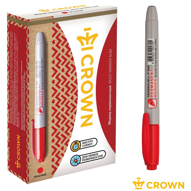 Маркер перманентный Crown «Multi Marker Slim» красный, пулевидный, 2мм ...