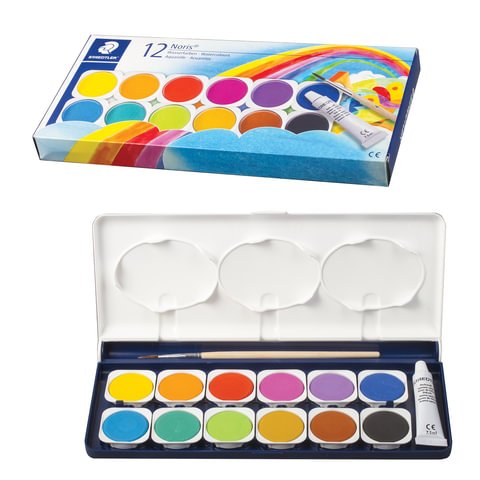 Краски акварельные STAEDTLER (Германия), 12 цветов + белила, с кистью ...