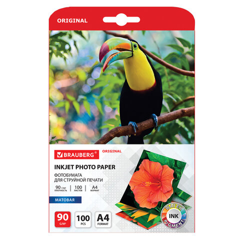 Фотобумага матовая, А4, 90 г/м2, односторонняя, 100 листов, BRAUBERG ...