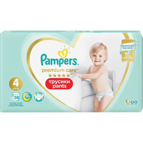 Подгузники, 58 шт., PAMPERS (Памперс) «Premium Care», размер 4 (9-15 кг ...