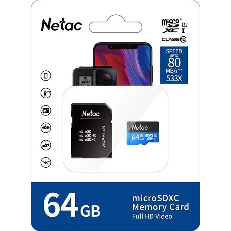 Карта памяти Netac MicroSD card P500 Standard 64GB, retail version w/SD ...